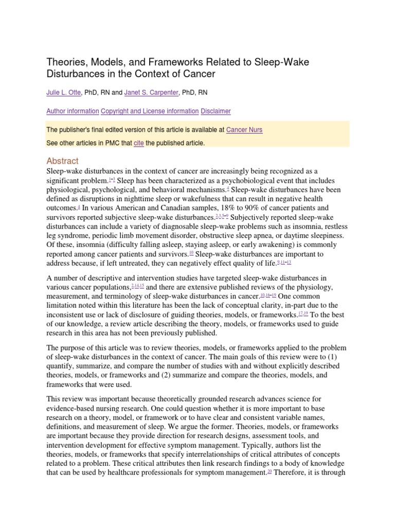Theories, Models, and Frameworks Related To Sleep-Wake Disturbances in ...
