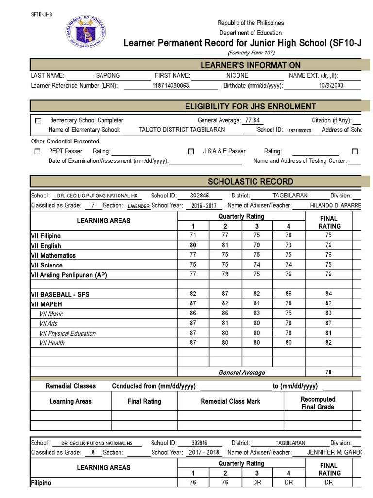 School Form 10 Sf10 Nicone | Behavior Modification | Cognition | Free ...