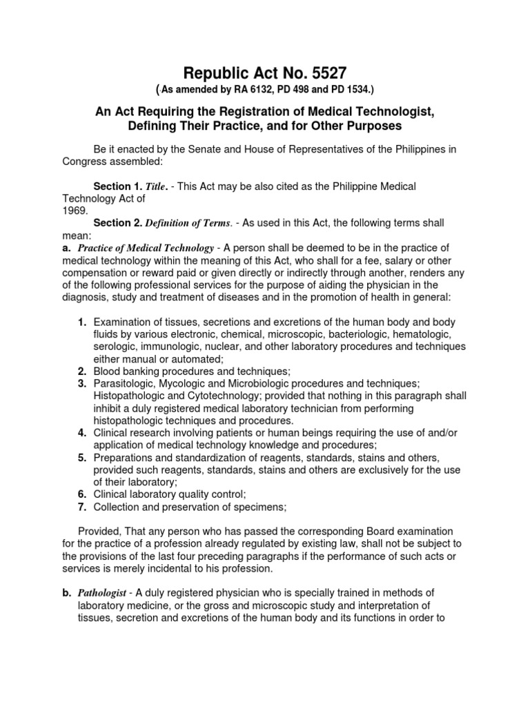 RA 5527 Medtech Laws | PDF | Medical Laboratory | Pathology