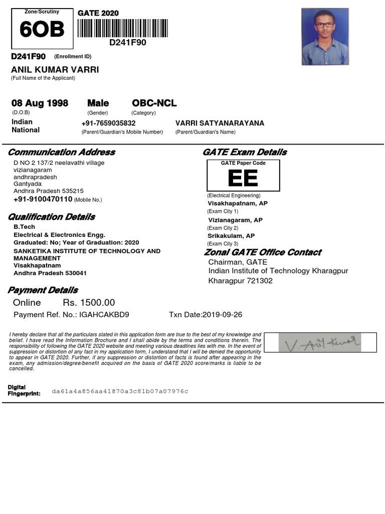 08 Aug 1998 Male Obc Ncl Communication Address GATE Exam Details PDF