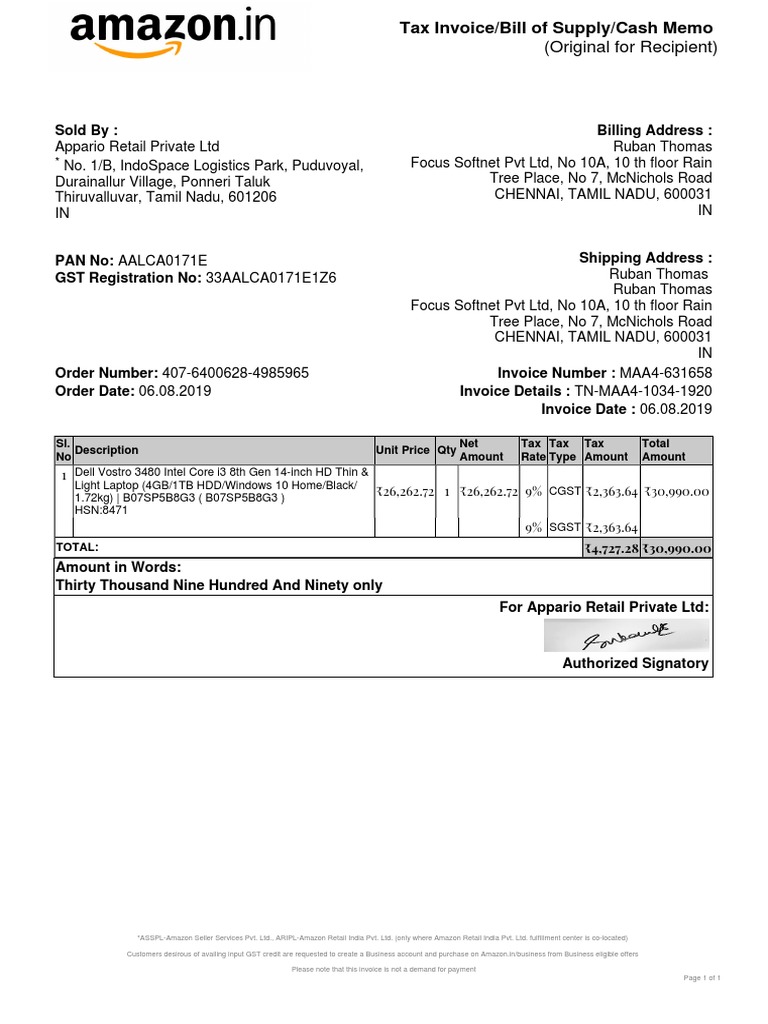 Tax Invoice for the Sale of a Dell Laptop from Appario Retail Private ...