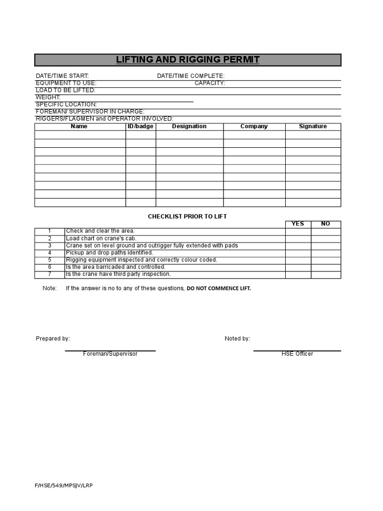 Lift Rigging Permit Checklist | PDF