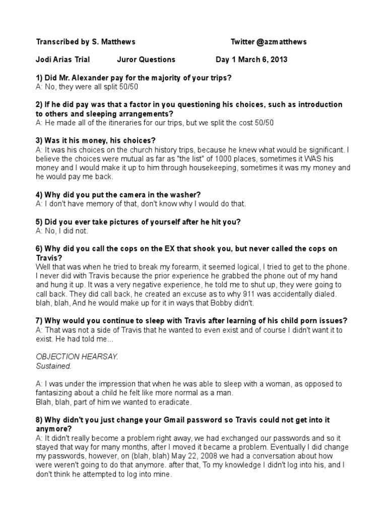 Jodi Arias Trial: Juror Questions Day 1 | PDF | Language Arts ...