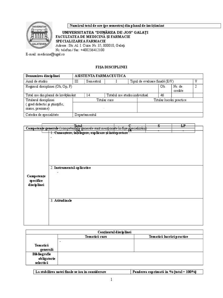 1.fisa Disciplinei Asistenta Farmaceutica | PDF