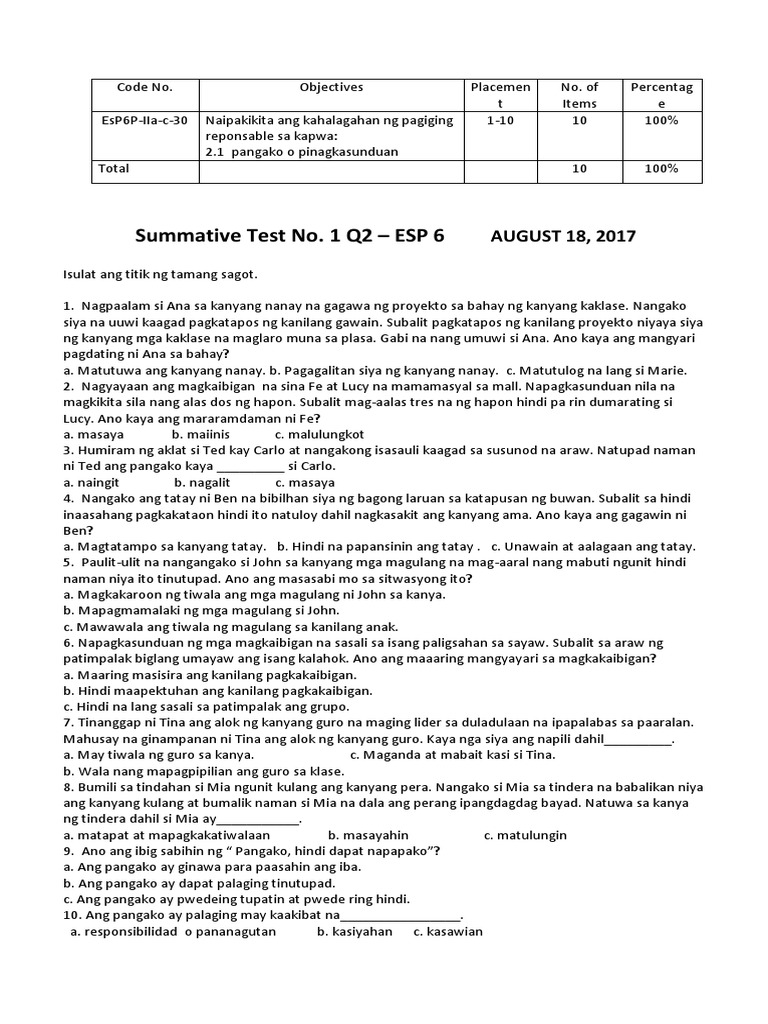 Esp 6-1 Summative Test No. 1 q1 August 18,, 2017 | PDF