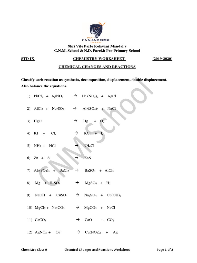 Chemistry Class 9 Chemical Changes and Reactions Worksheet Page 1 of 2 ...