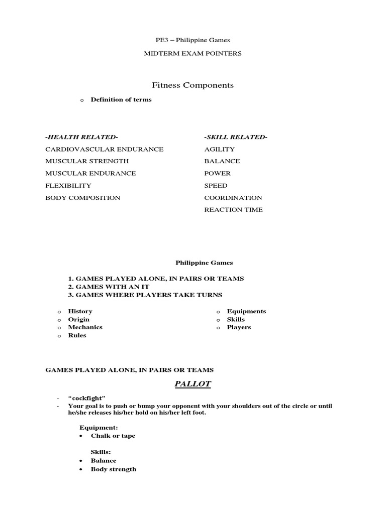 Pe3 Midterm Exam Pointers | PDF | Hobbies | Physical Exercise