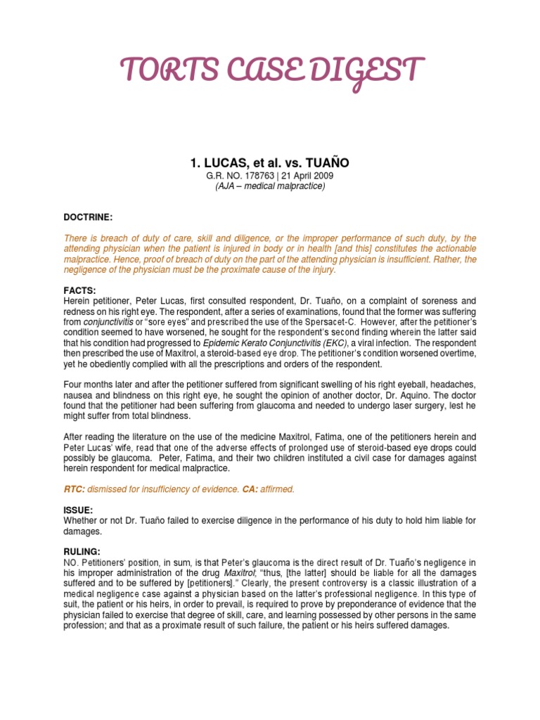 Torts Case Digest - Jd3a | Download Free PDF | Negligence | Brief (Law)