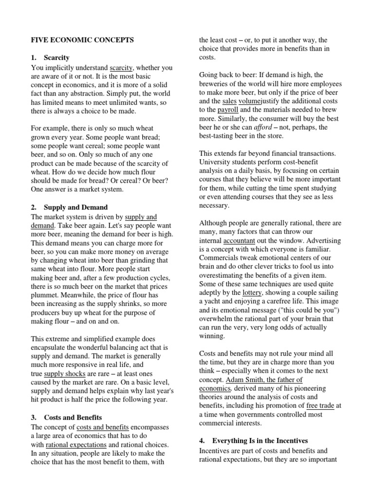 Five Economic Concepts 1. Scarcity | PDF | Recession | Incentive