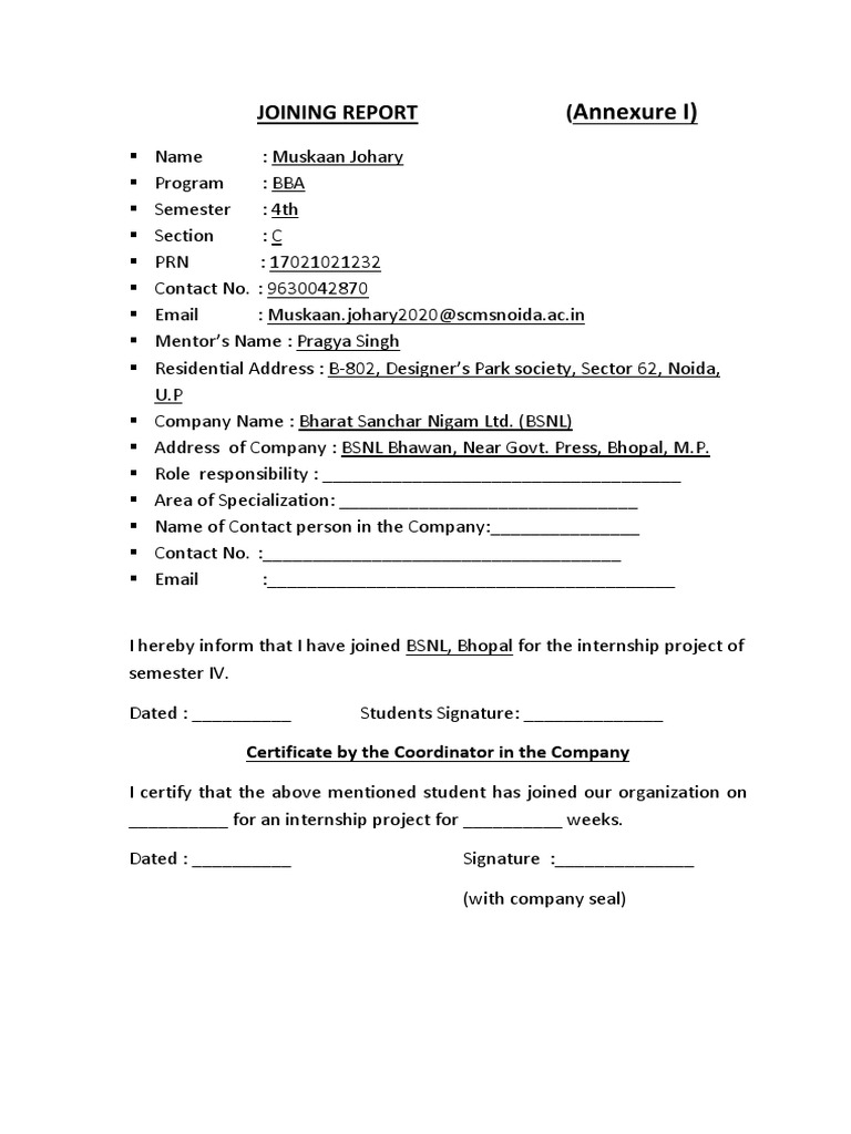 Annexure I) : Joining Report ( | PDF