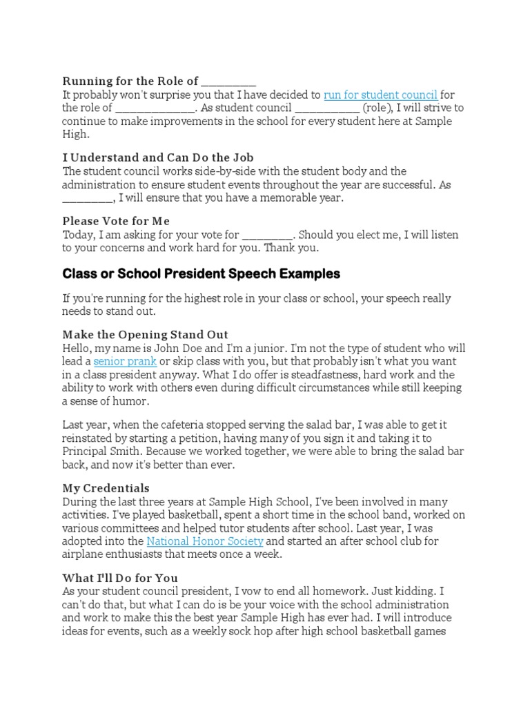 Class or School President Speech Examples: Run For Student Council | PDF