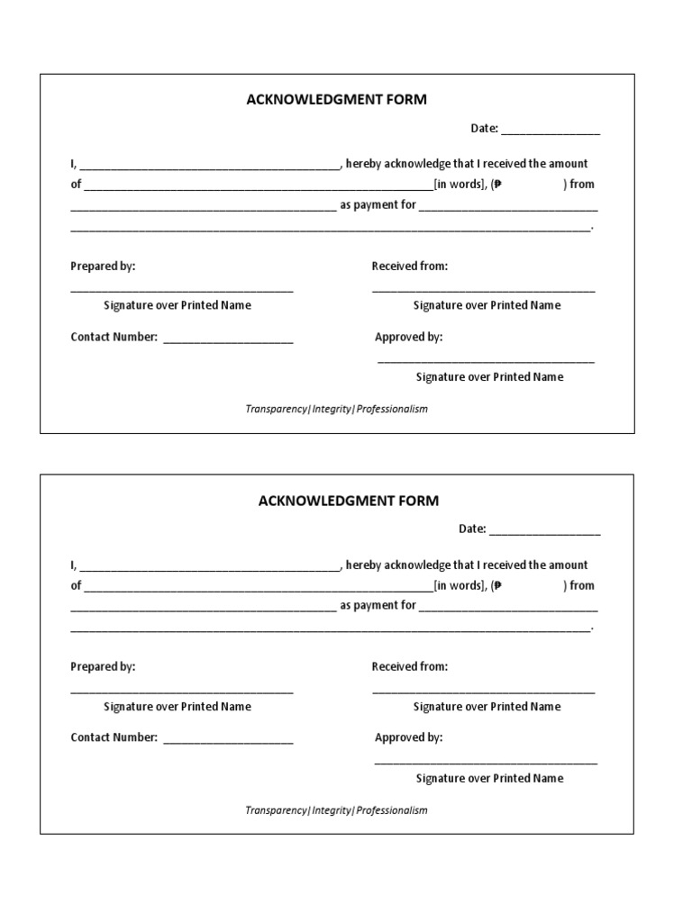 Acknowledgment Form: Transparency - Integrity - Professionalism | PDF ...