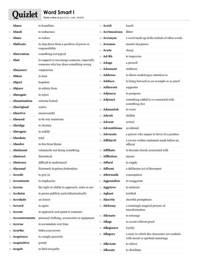 A Concise List of Word Smart I Vocabulary Terms and Definitions | PDF