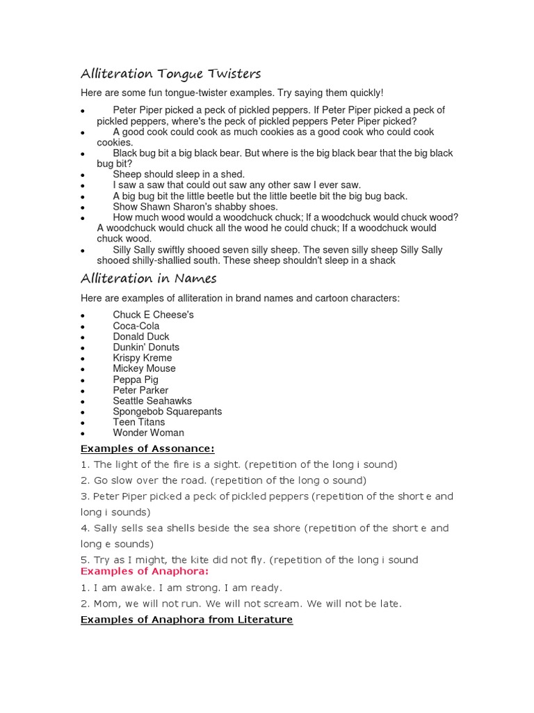 Alliteration Tongue Twisters | PDF
