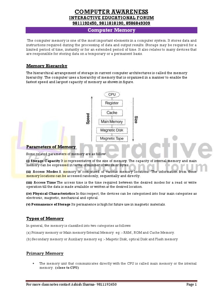 Chapter - 4 Computer Memory Notes English | PDF | Random Access Memory ...