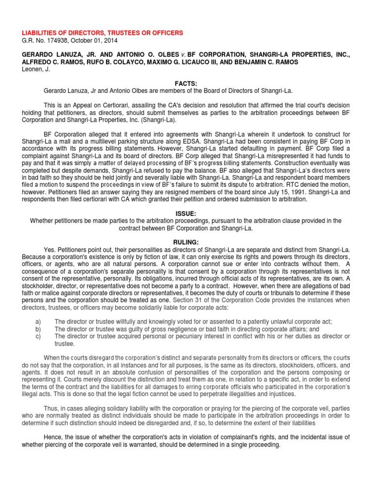 Lanuza v. BF Corp. GR 174938 Case Digest | PDF | Board Of Directors ...