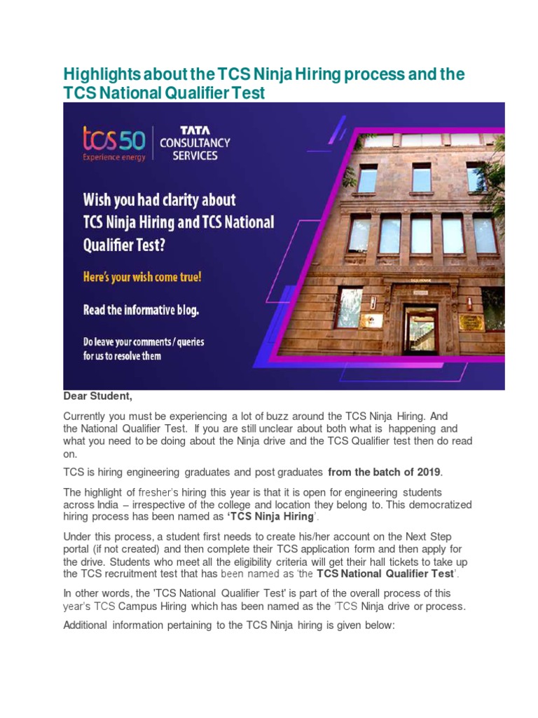 Highlights About The TCS Ninja Hiring Process and The TCS National ...