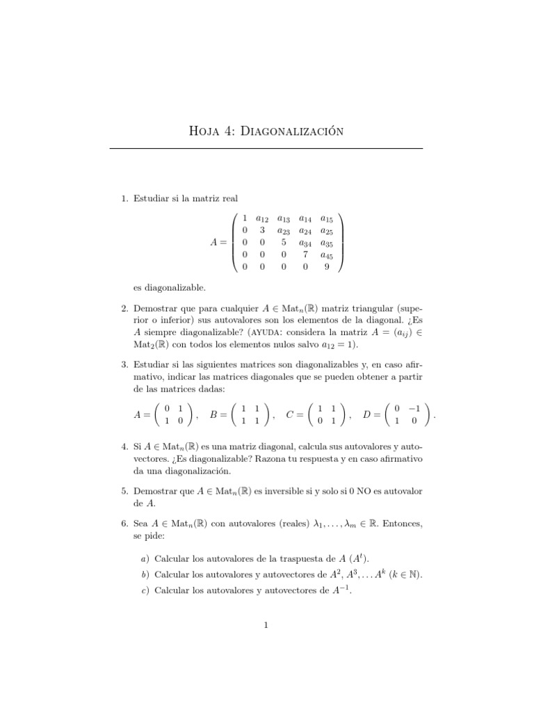 Diagonalización Ejercicios | PDF | Valores propios y vectores propios | Matriz (Matemáticas)