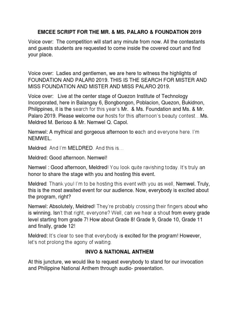 MR & MS FOUNDATION & PALARO 2019 EMCEE SCRIPT | PDF
