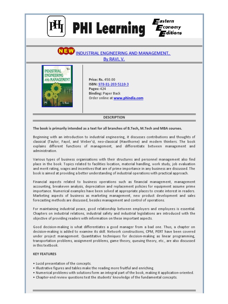 Industrial Engineering and Management by Ravi V PDF | Download Free PDF ...