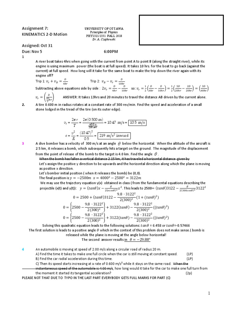 Assignment 7 - PHY1321 - Fall2017 - Solution A PDF | PDF | Speed | Acceleration