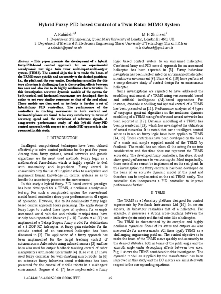 Hybrid Fuzzy-PID-based Control of A Twin Rotor MIMO System: A.Rahideh M.H.Shaheed | PDF ...