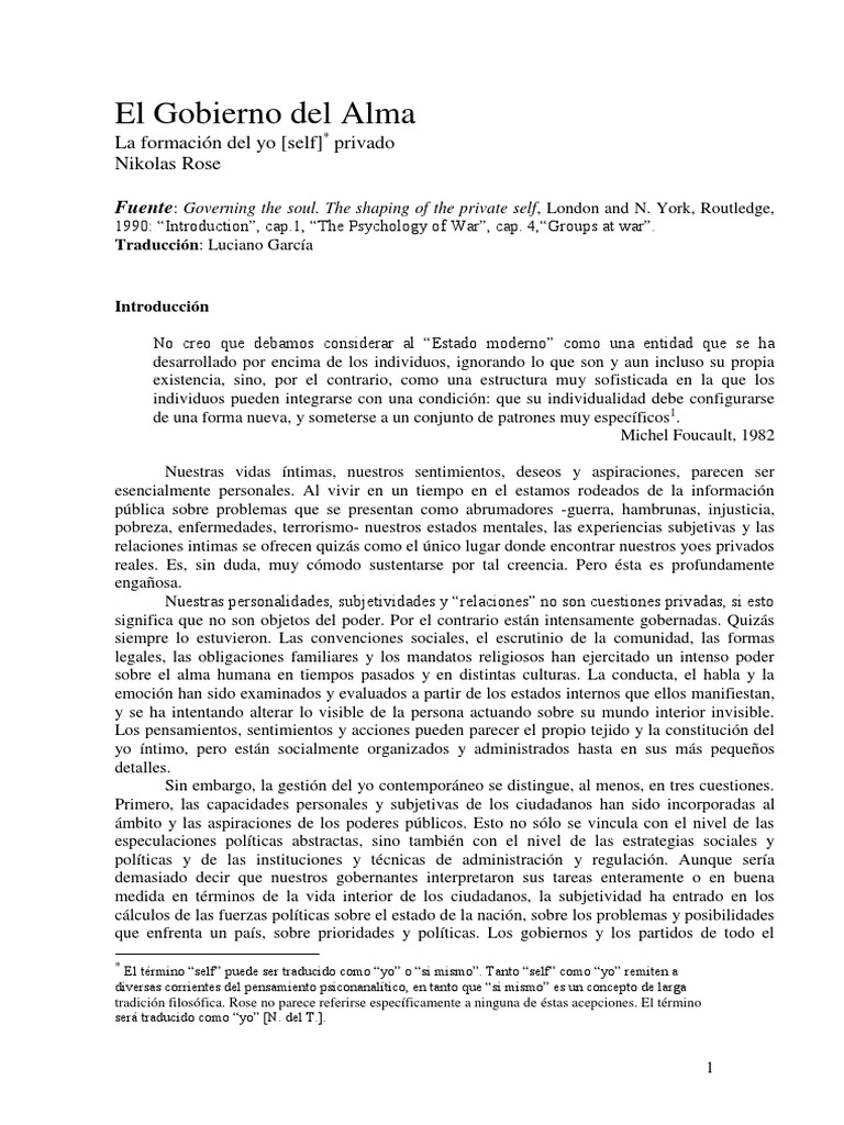 El Gobierno Del Alma La Formación Del Yo (Self) Privado Nikolas Rose ...