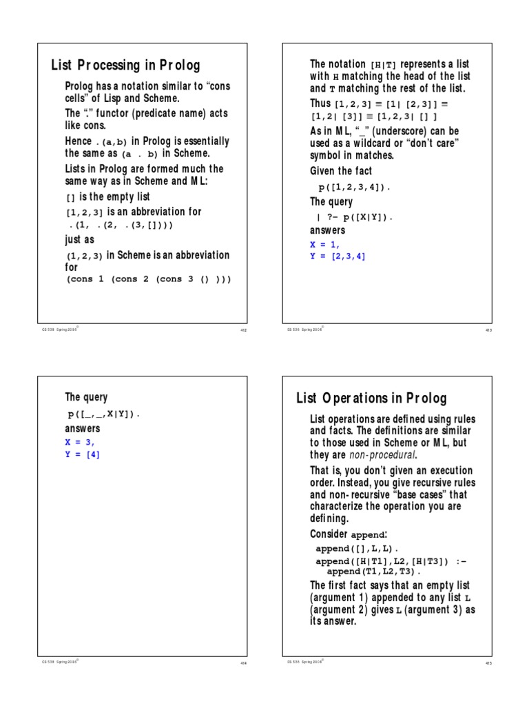 List Processing in Prolog: CS 538 Spring 2006 CS 538 Spring 2006 | PDF | Scheme (Programming ...
