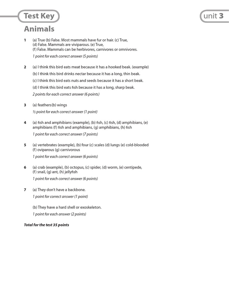 Animals Test Key: Unit 3 | PDF | Wellness | Science & Mathematics
