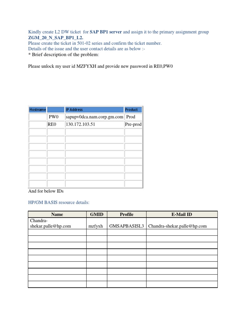 L2 DW Ticket for SAP BP1 Server | PDF