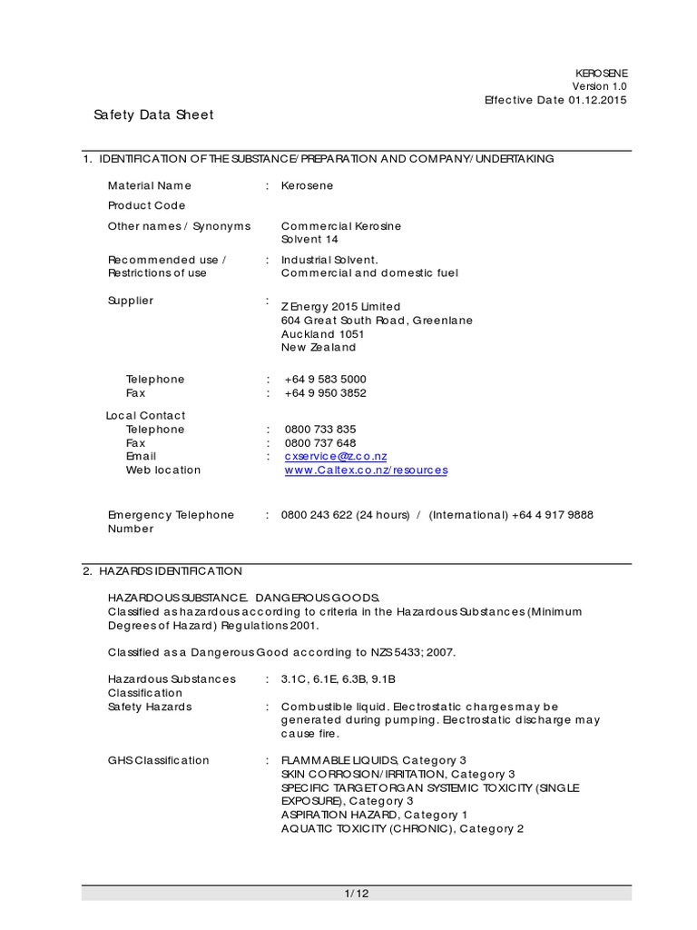 Kerosene SDS Safety Summary | PDF | Toxicity | Dangerous Goods