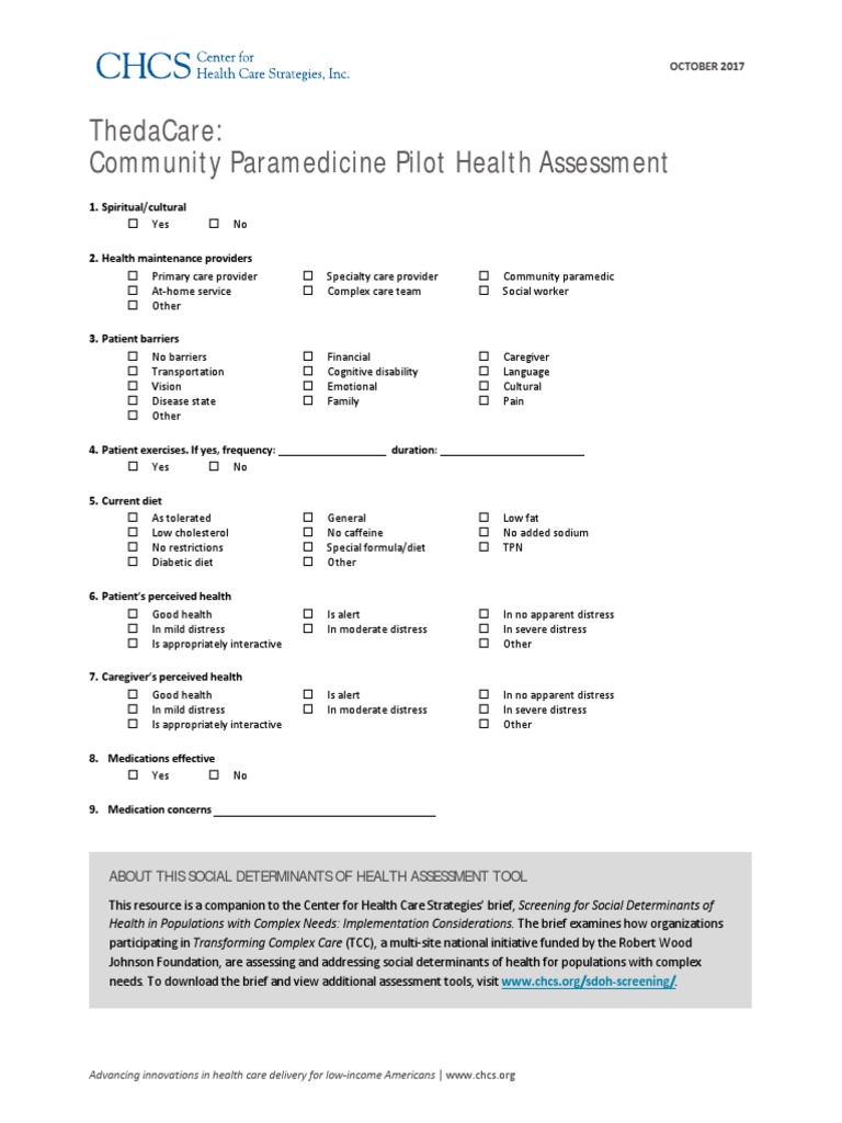 Thedacare: Community Paramedicine Pilot Health Assessment: October 2017 ...