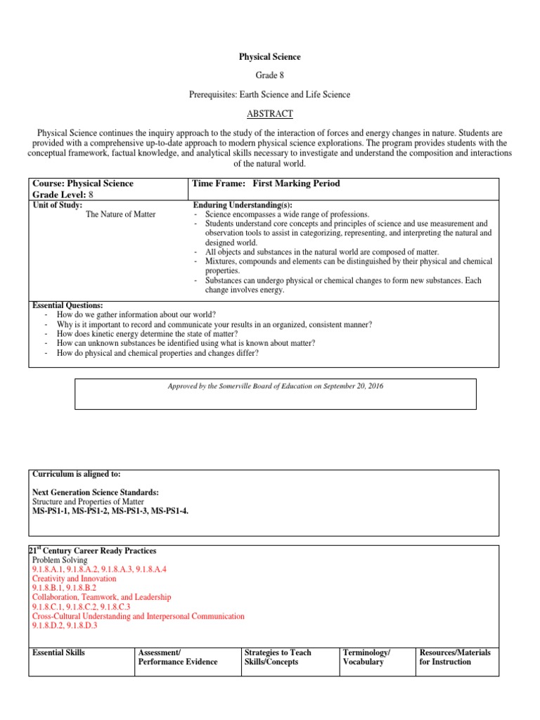 Course: Physical Science Grade Level: 8 Time Frame: First Marking ...