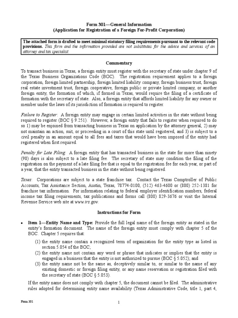 Form 301-General Information (Application For Registration of A Foreign ...