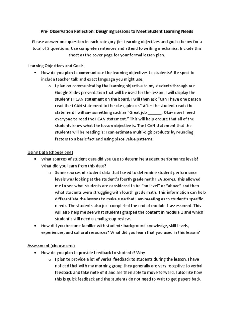 Pre-Observation Reflection 1 | PDF | Lesson Plan | Learning