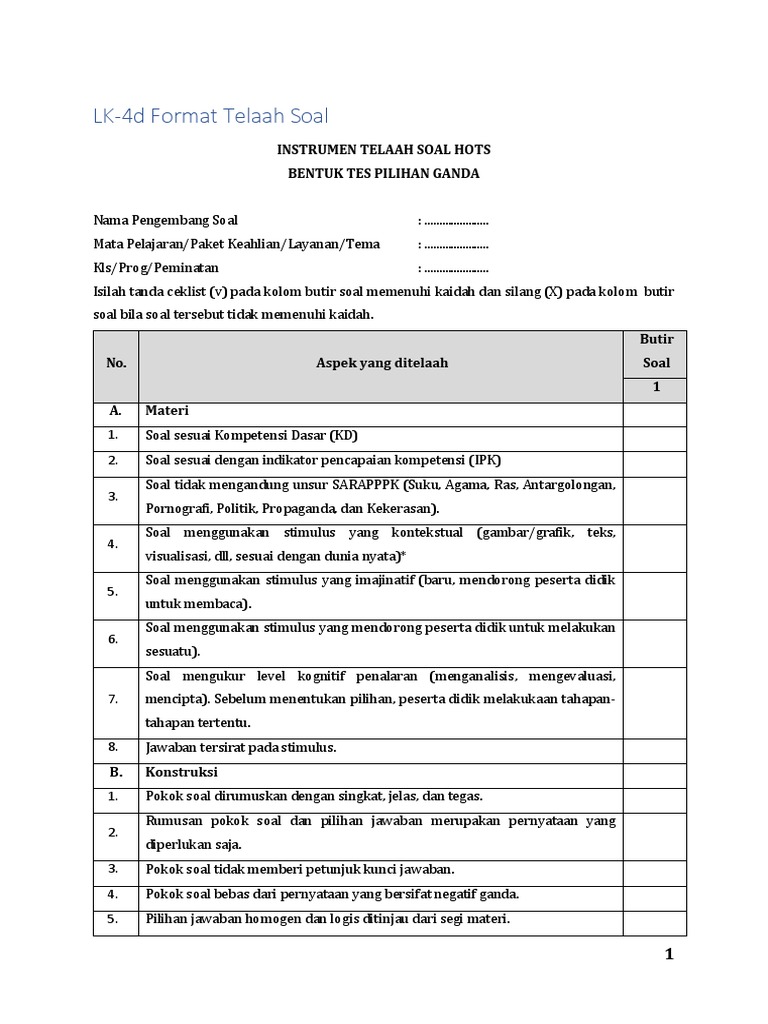 LK-4d Format Telaah Soal | PDF