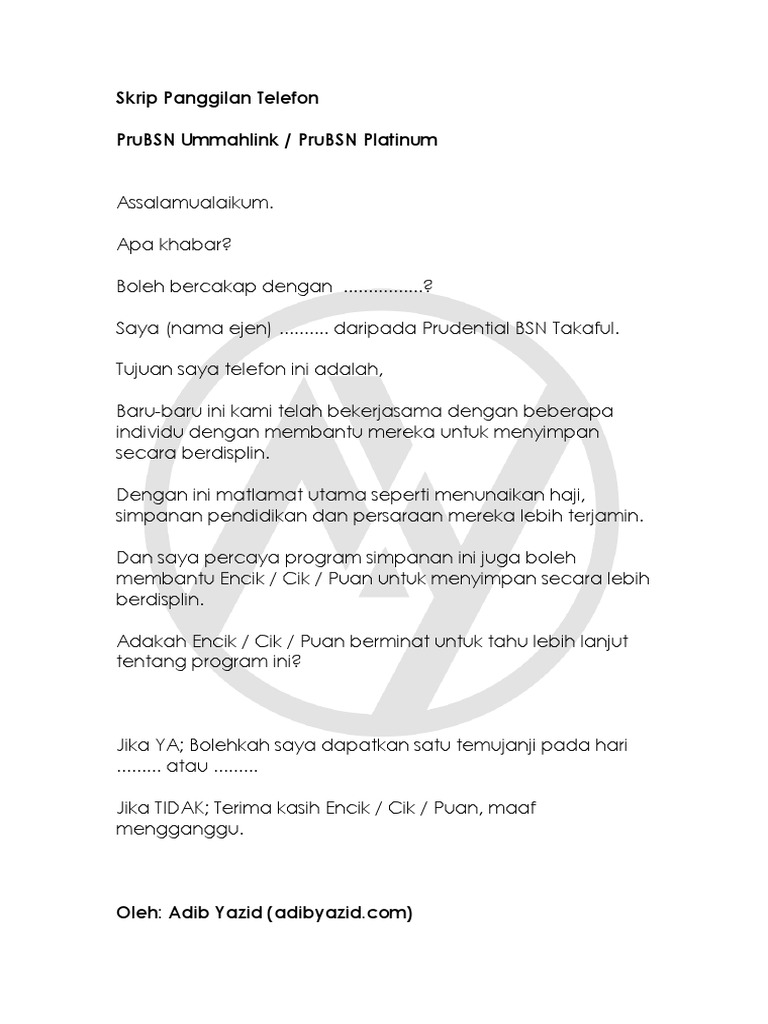 Skrip Panggilan Telefon Prudential BSN | PDF