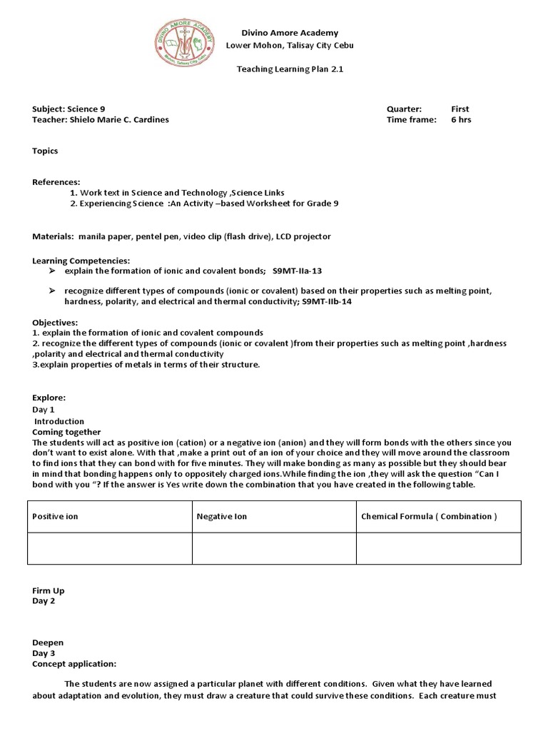 Lesson Plan 1.5 | PDF | Ionic Bonding | Ion