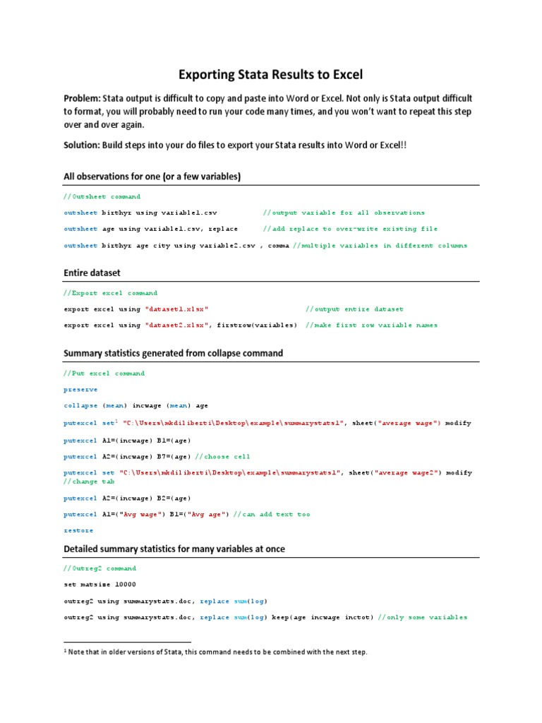 Exporting Stata Results to Excel Guide | PDF | Microsoft Excel | Comma ...
