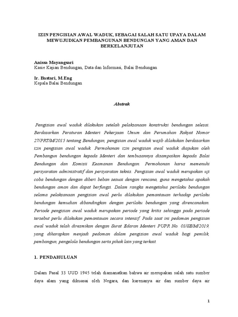 ST2 Anissa Mayangsari DKK, Izin Pengisian Awal Waduk Sebagai Salah Satu Upaya Dalam Mewujudkan ...