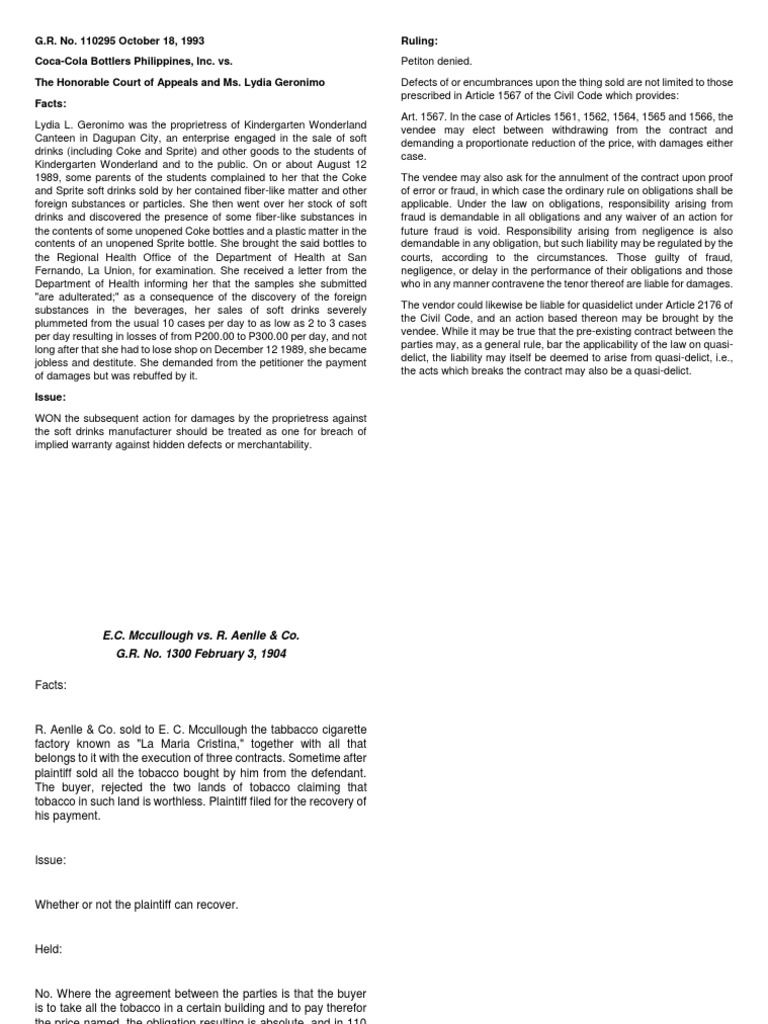 Case Digest No. 2 and 3 | PDF | Coca Cola | Legal Liability
