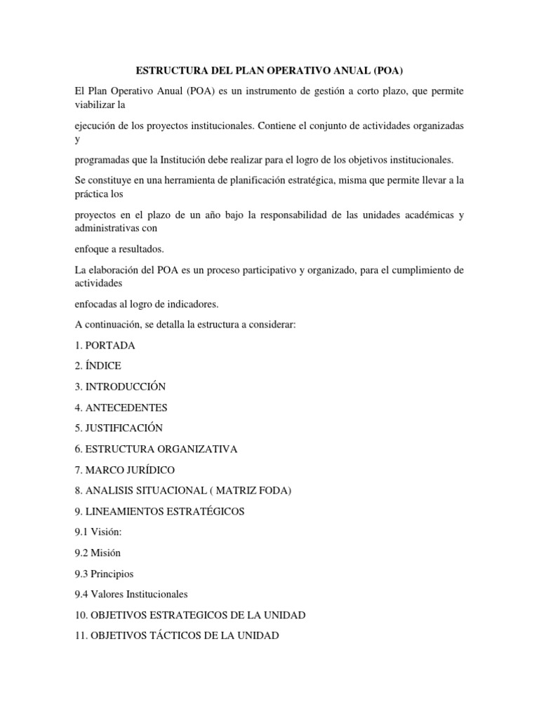 Estructura Del Plan Operativo Anual | PDF