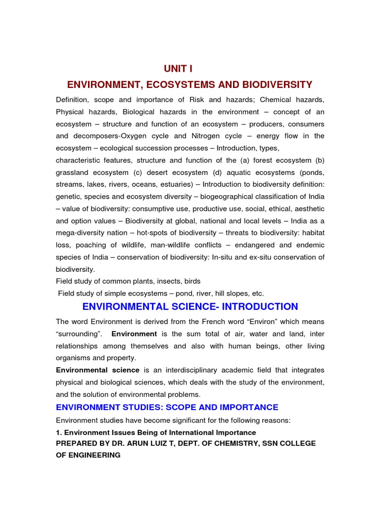 Unit I Environment, Ecosystems and Biodiversity: Environmental Science ...