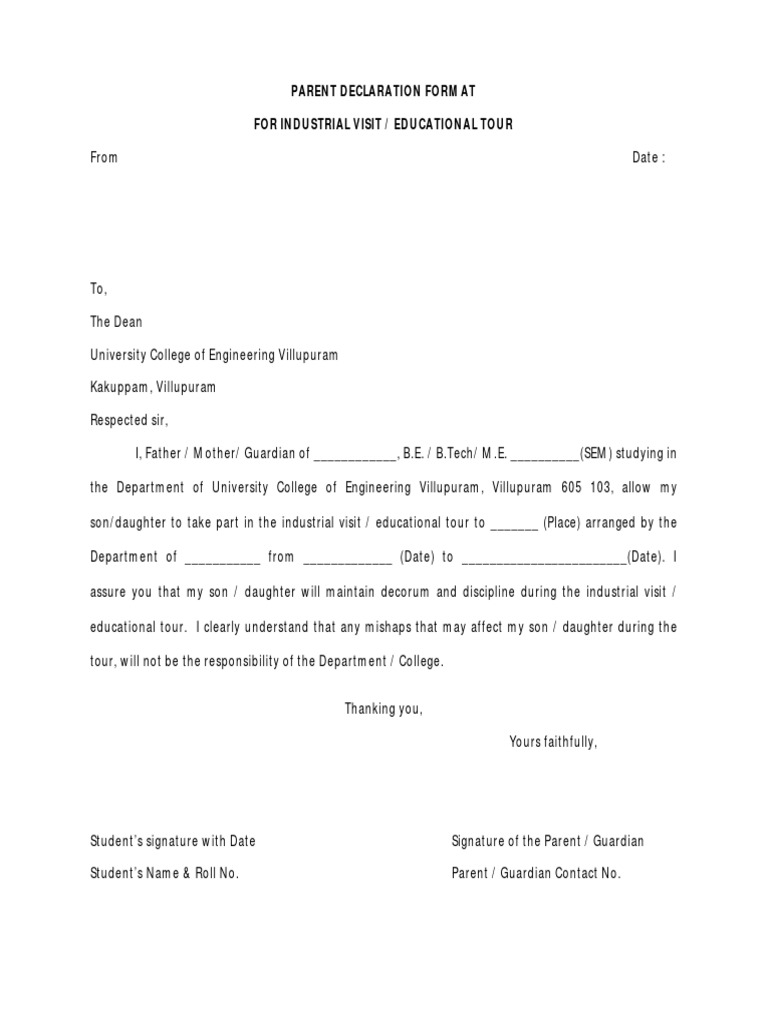 Parent Declaration Format For Industrial Visit / Educational Tour | PDF ...