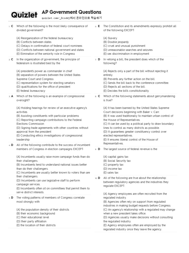 AP Government Questions | PDF | United States Congress | American ...