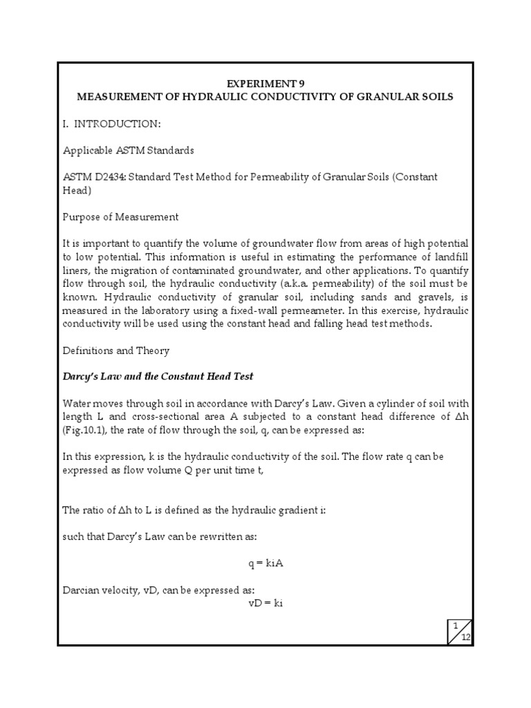 Experiment 9 Measurement of Hydraulic Conductivity of Granular Soils ...
