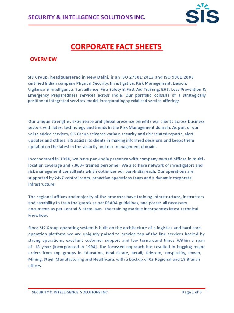 Corporate Fact Sheets: Security & Intellgence Solutions Inc | PDF ...