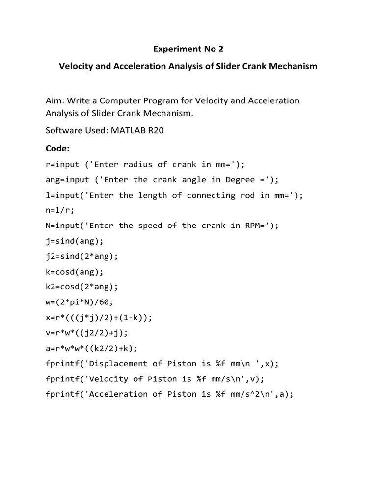 Aim: Write A Computer Program For Velocity and Acceleration Analysis of ...