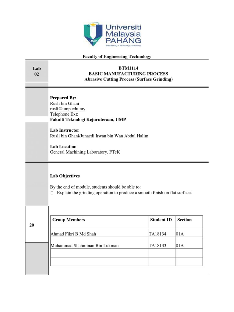 Lab 02 - Surface Grinding | PDF | Grinding (Abrasive Cutting) | Crafts