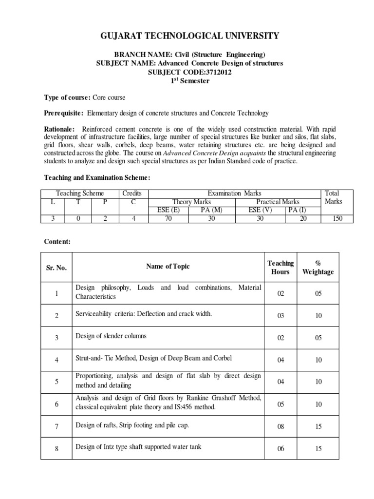 Advanced Concrete Design Course Outline | PDF | Beam (Structure) | Concrete